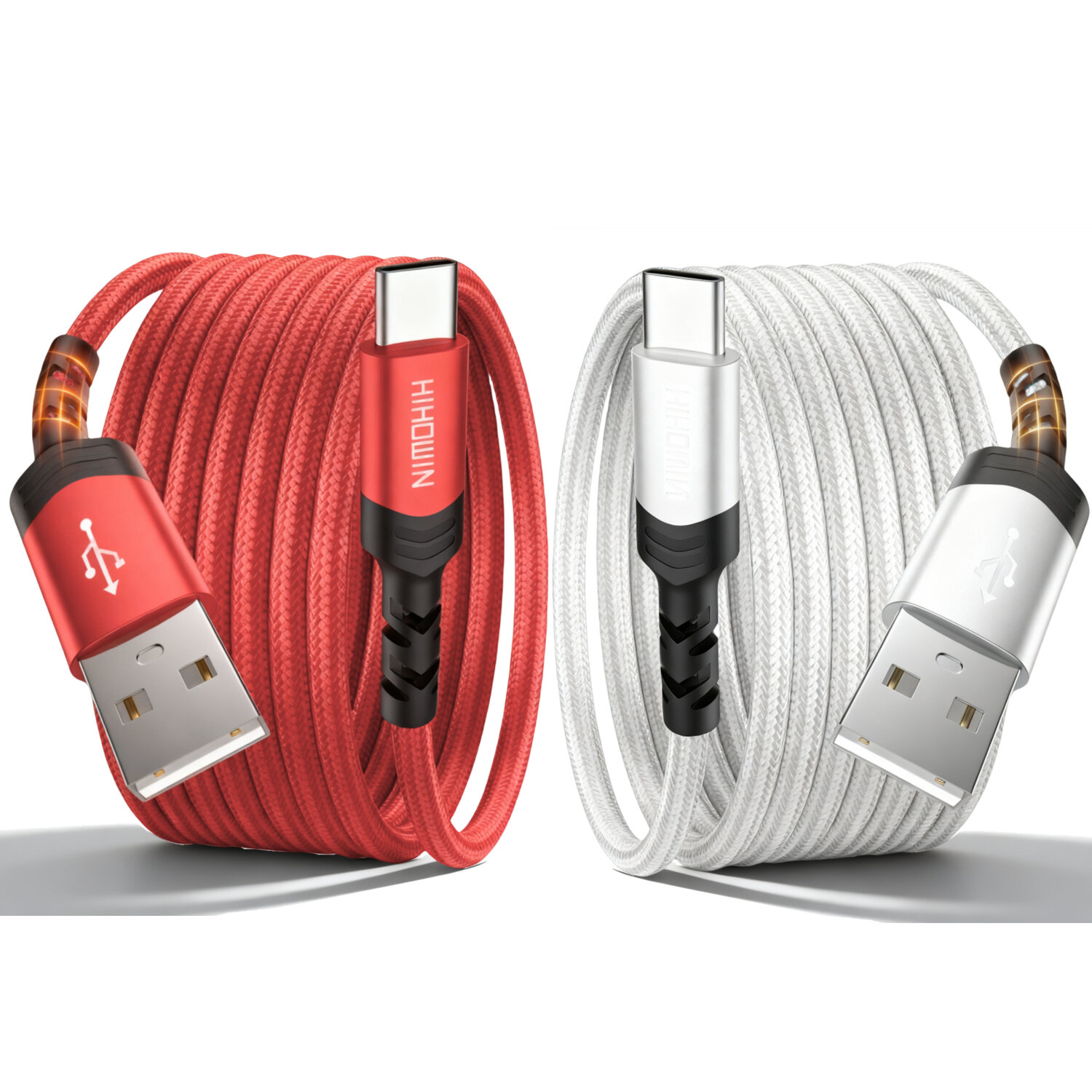 Кабель для быстрой зарядки Type-C, USB-A - USB-C, плетеный, 2 шт, 3 м, красный/серебристый