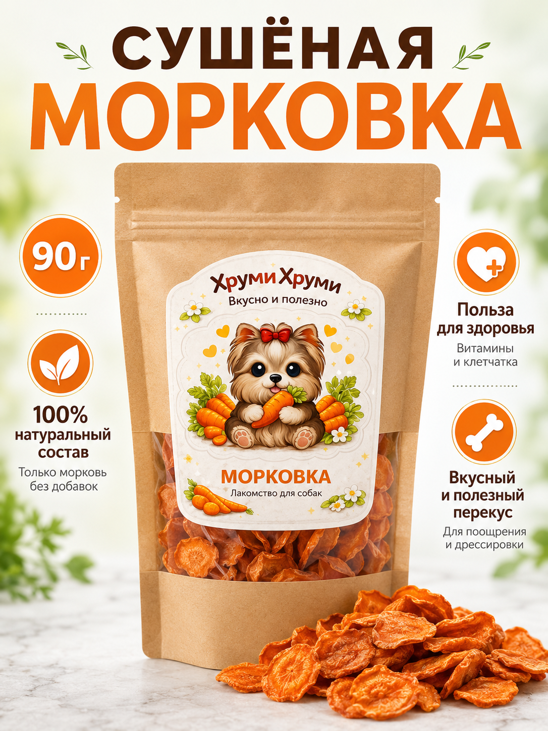 Сушеная морковка для собак Хруми Хруми 90 г, полезное натуральное лакомство и вкусняшки для мелких и средних пород