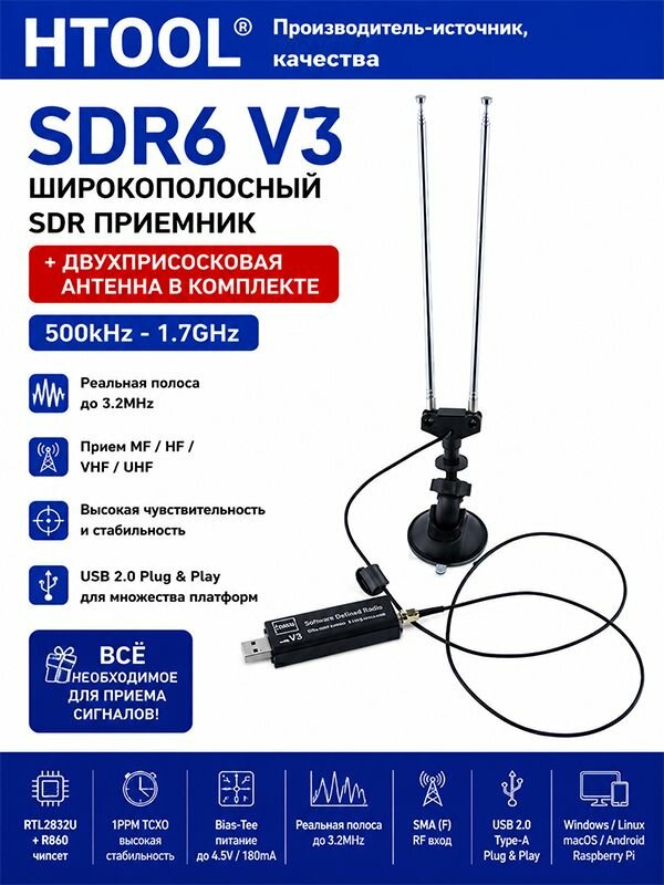 SDR приёмник USB RTL-SDR RTL2832U V3 с 2 антеннами SMA, набор для радиолюбителей и изучения SDR