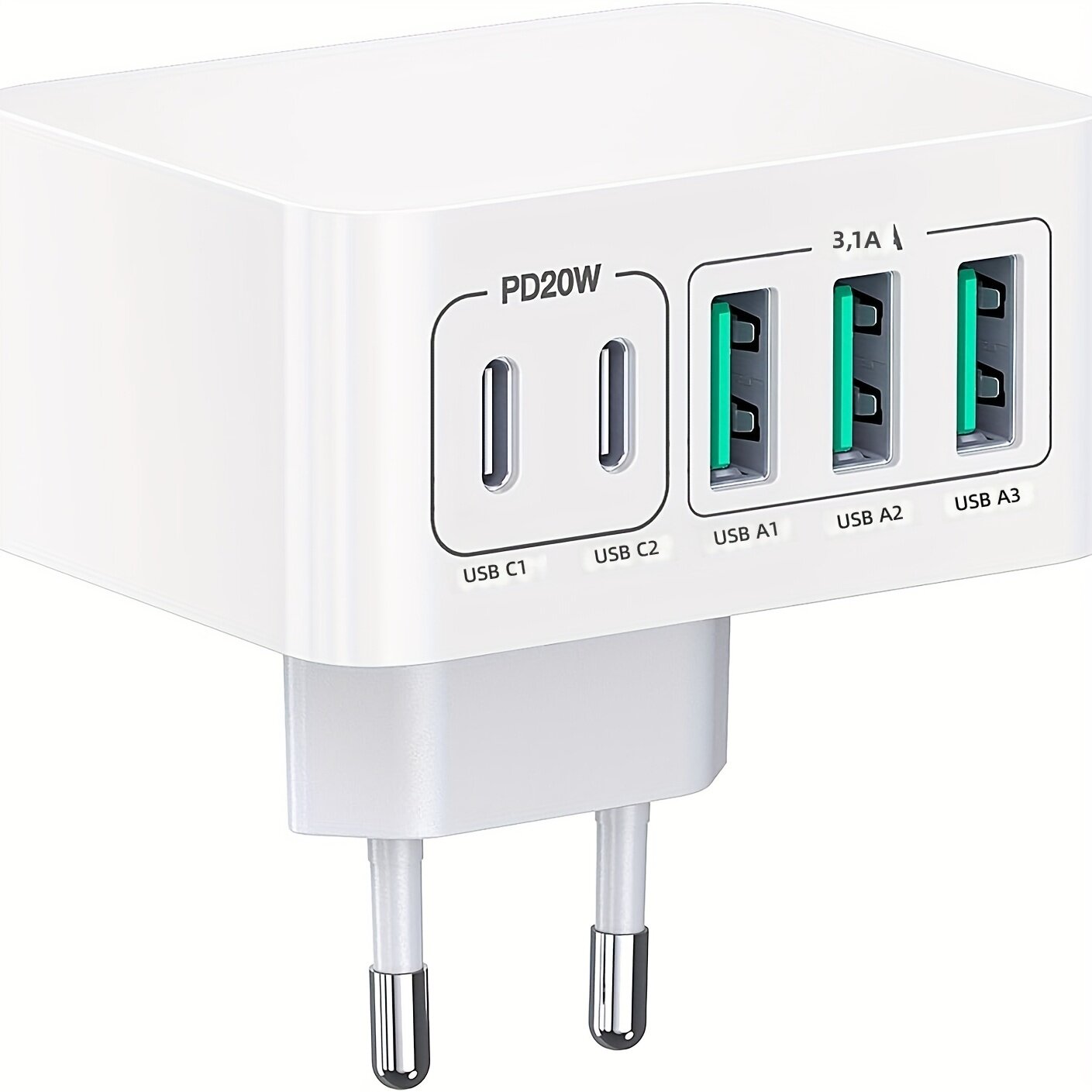 Зарядное устройство 5-в-1 50W с EU вилкой, 3 порта USB-C и 2 USB-A, белый