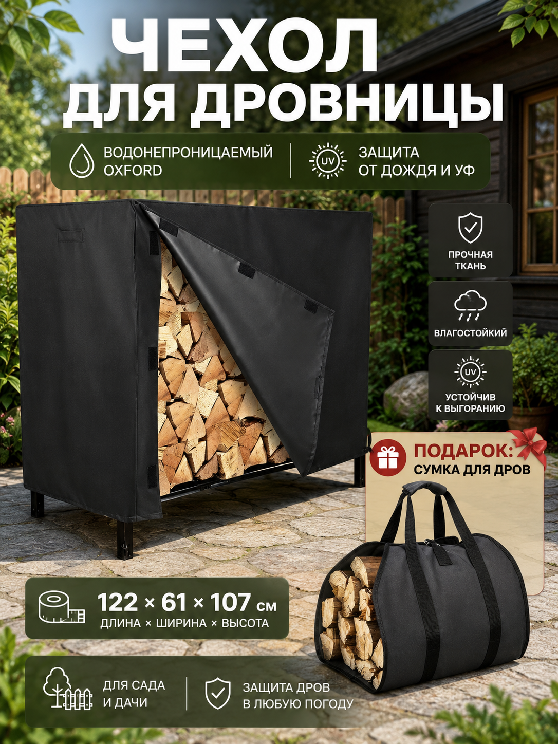 Чехол для дровницы размером 122 х 61 х 107 см, переноска для дров в подарок, всесезонный чехол