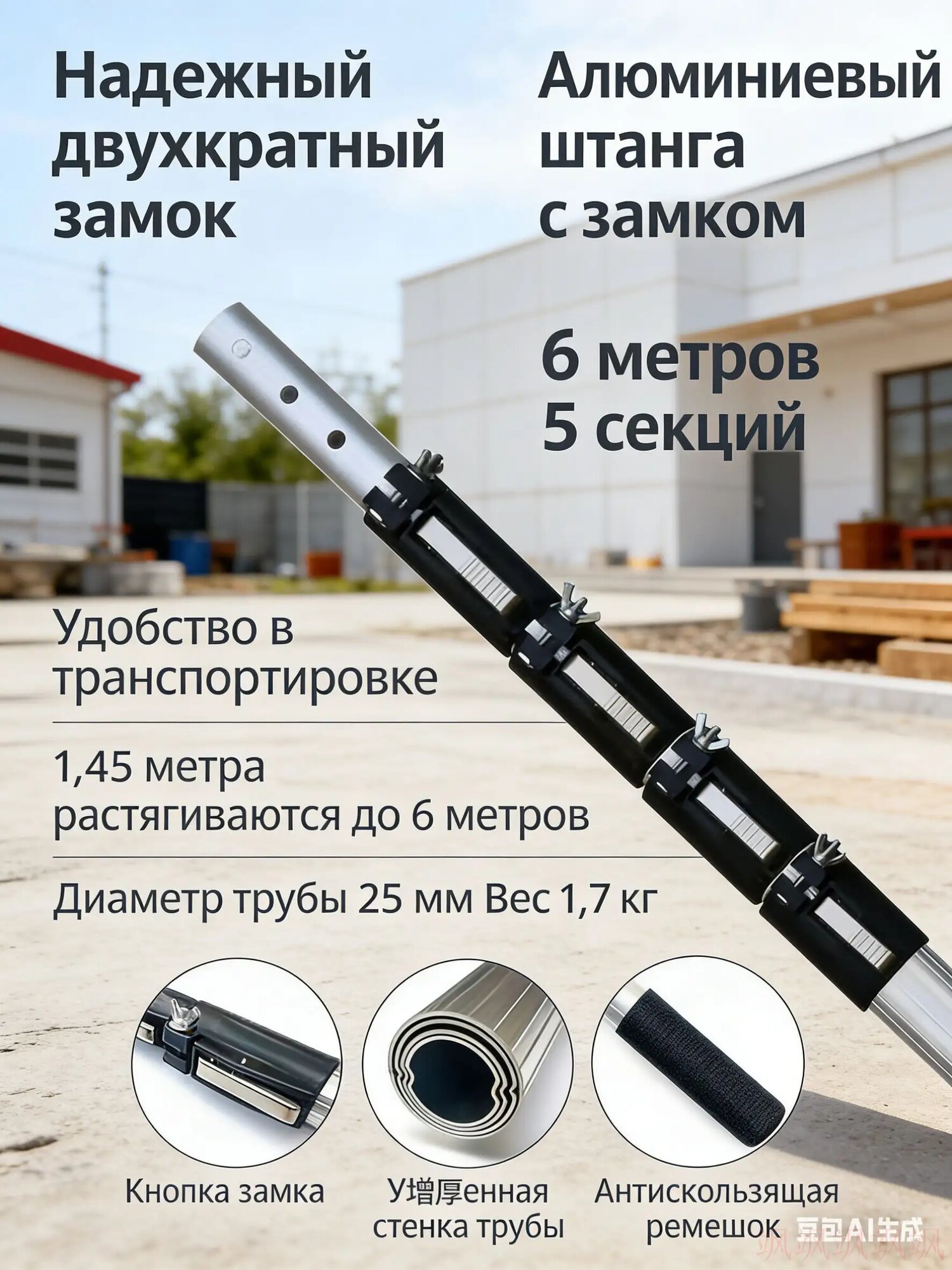 5 секций телескопической штанги длиной 6 метров