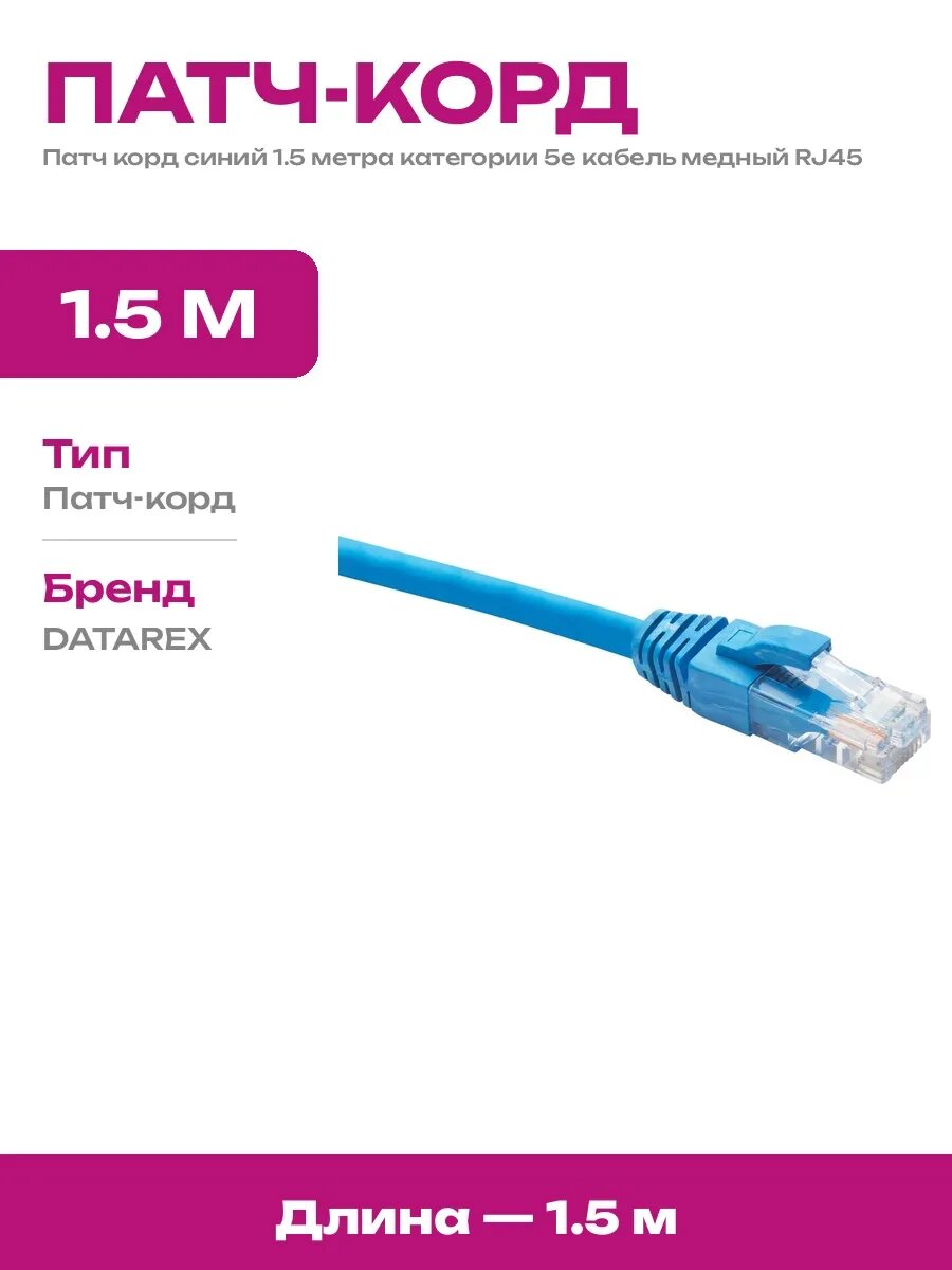 Сетевой кабель медный 1.5 метра патч корд RJ45 5e синий