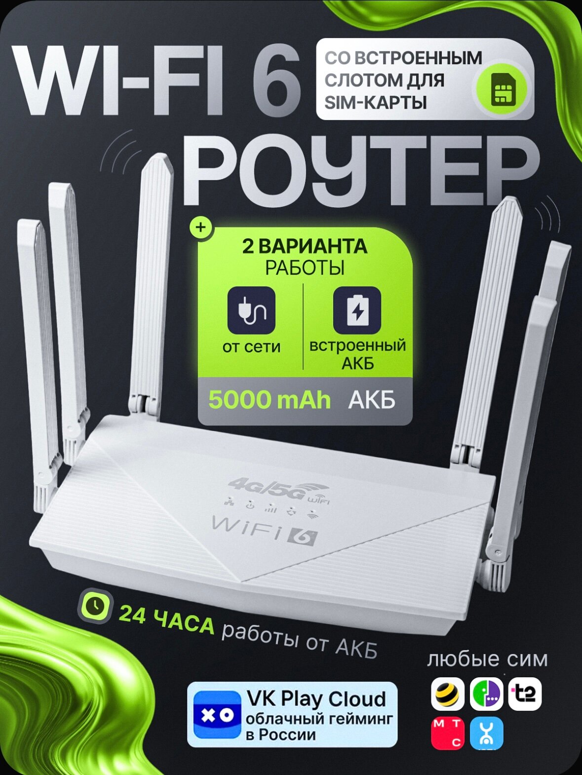 Высокоскоростной 4G LTE Wi-Fi роутер с сим картой и встроенным аккумулятором на 5000 мАч, до 300 Мбит/с + безлимит в подарок