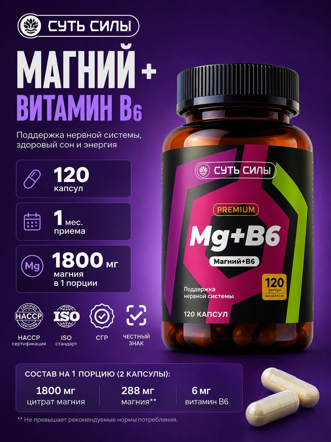 Магний цитрат с витамином В6 "Суть Силы" (магний в6), витамины для борьбы со стрессом и усталостью, успокоительное, Magnesium Citrate, 120 капсул