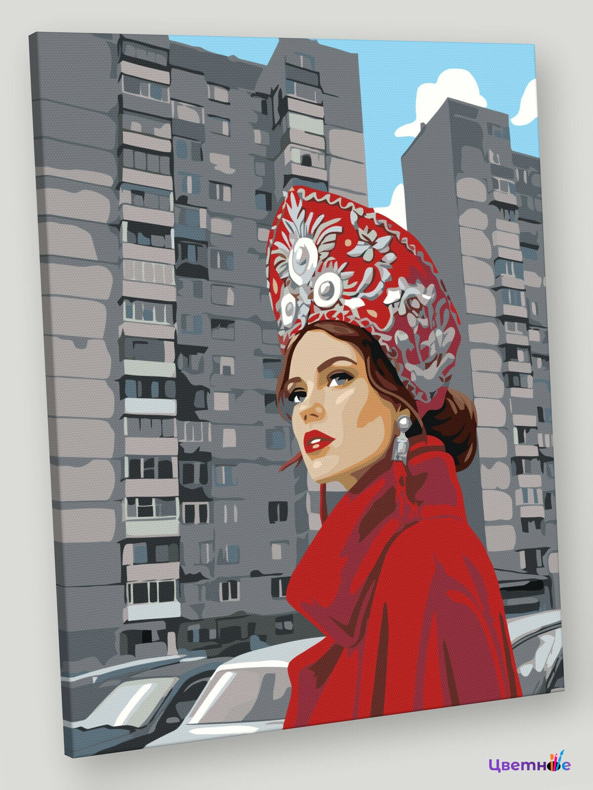 Картина по номерам на холсте с подрамником 40x40 "Красавица в русском стиле и панелька"