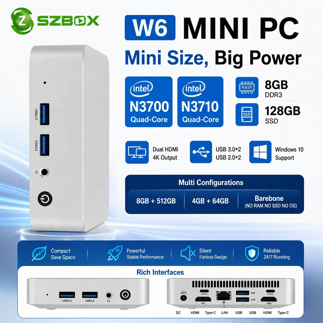 Мини-ПК SZBOX W6 на базе Intel N3700/N3710, четырехъядерный, безвентиляторный, с двумя портами HDMI 4K, Gigabit LAN, настольный компьютер для офиса, бизнеса, HTPC