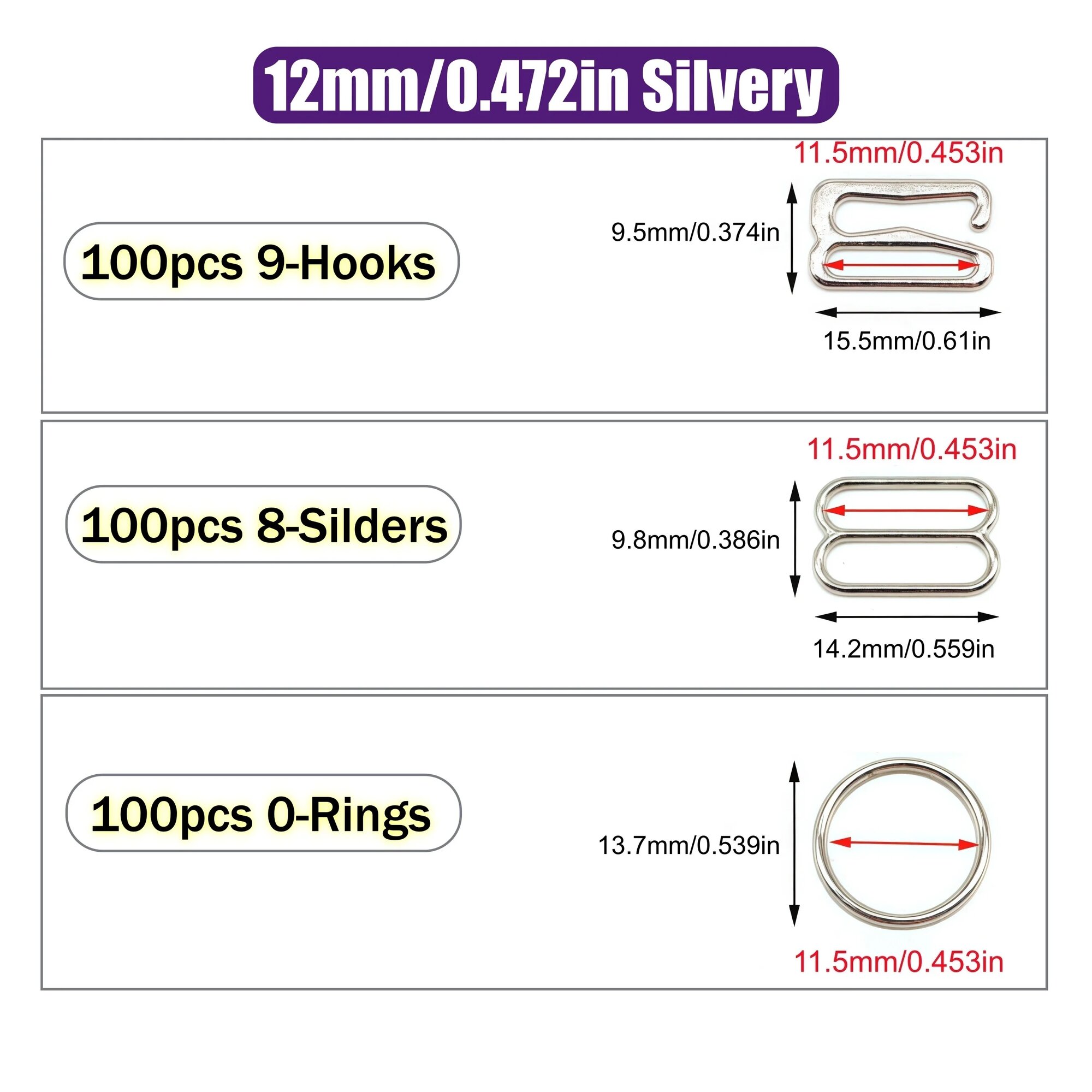 12mm Silvery крючки, ползунки, O-Ring 300шт