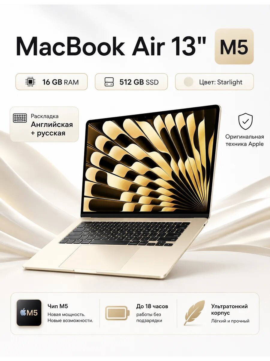 Ноутбук Apple MacBook Air 13 2026 M5 16GB/512GB MDHA4 Starlight, русская гравировка.