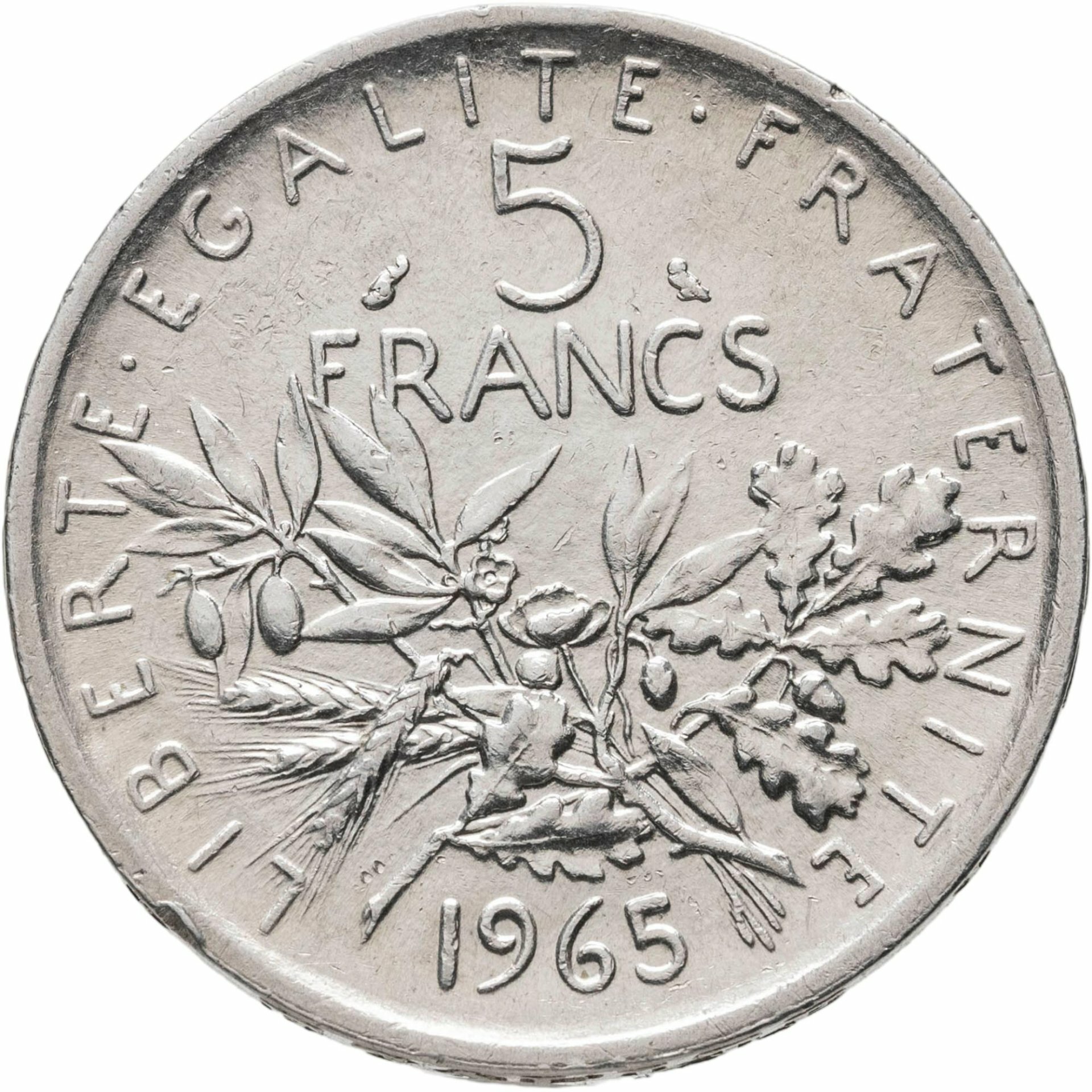 Франция 5 франков 1965, Серебро 835, в сохранности XF