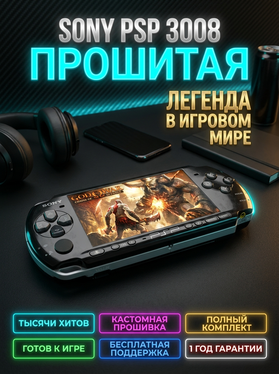 Новая игровая консоль Sony PSP 3008 Slim Black 64Gb 3020 ИГР