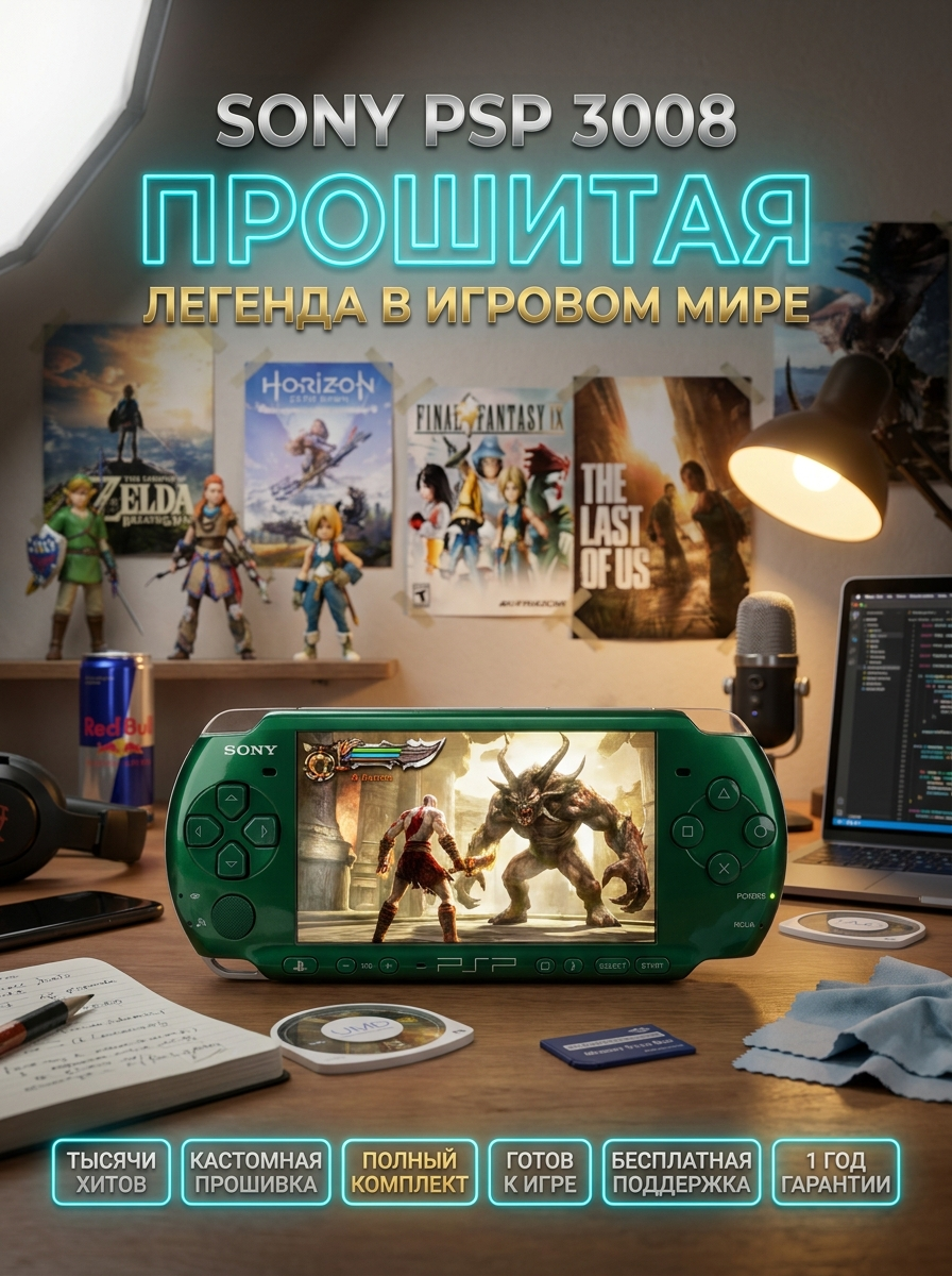 Новая игровая консоль Sony PSP 3008 Slim Green 64Gb 3020 ИГР