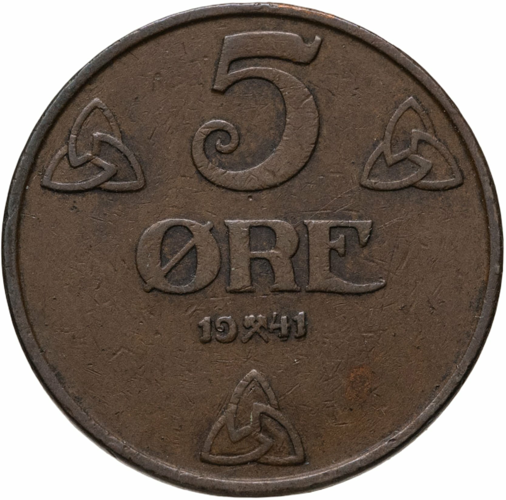 Норвегия 5 эре ore 1941 Не магнетик, коричневый цвет, Бронза, в сохранности VF