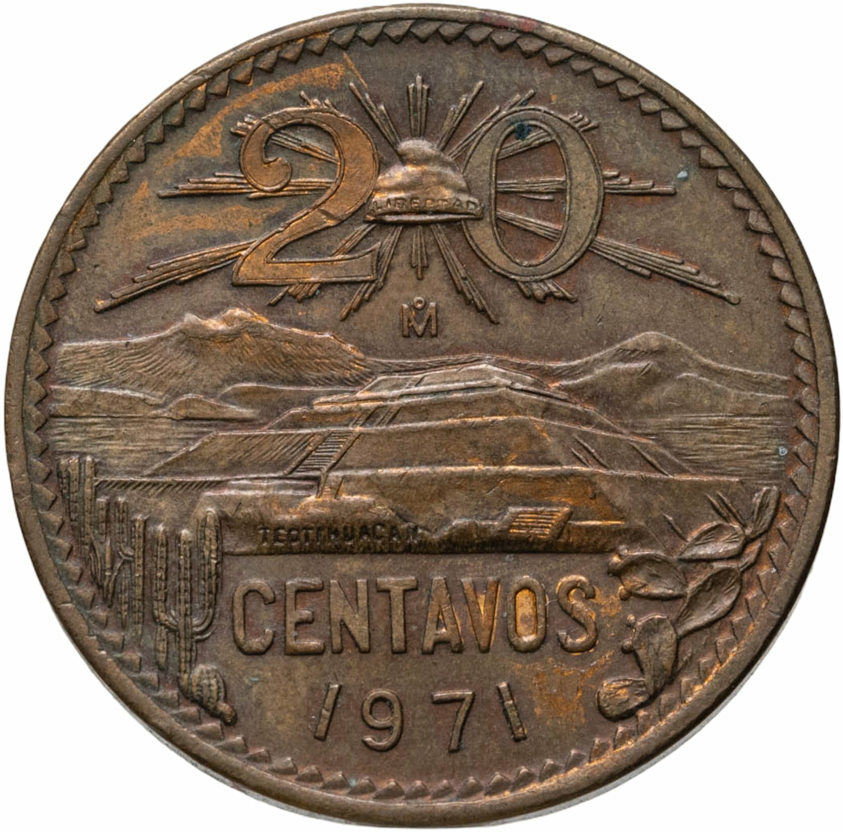 Мексика 20 сентаво centavos 1971 Новый герб, Бронза, в сохранности AU