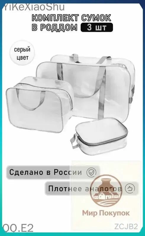 Сумка в роддом 3 шт, прозрачная матовая большая средняя и маленькая, набор сумок для мамы и малыша, прочные набор для роддома прозрачные сумки три размера