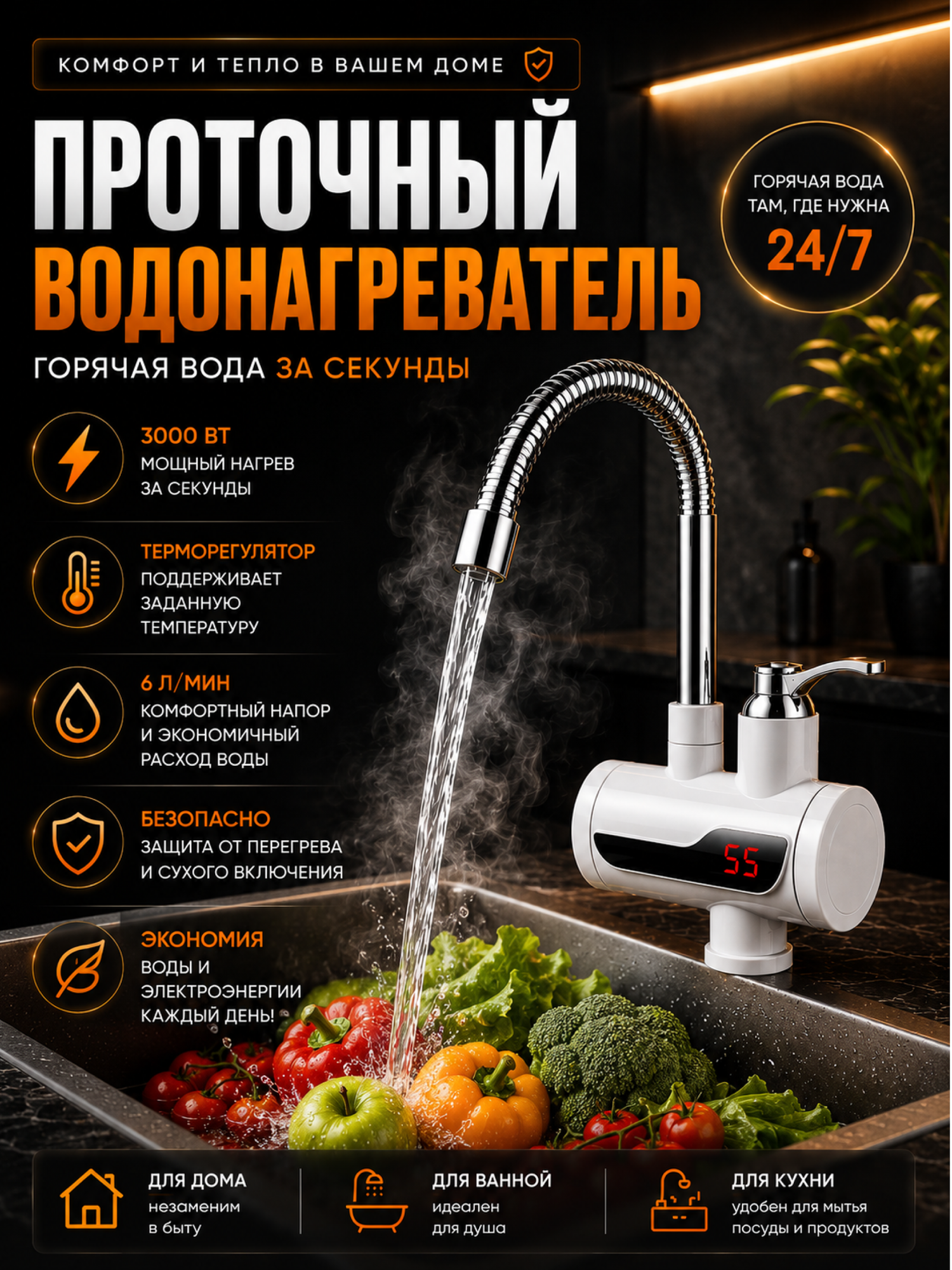 Проточный электрический водонагреватель, 3кВт, 6л/мин, механический