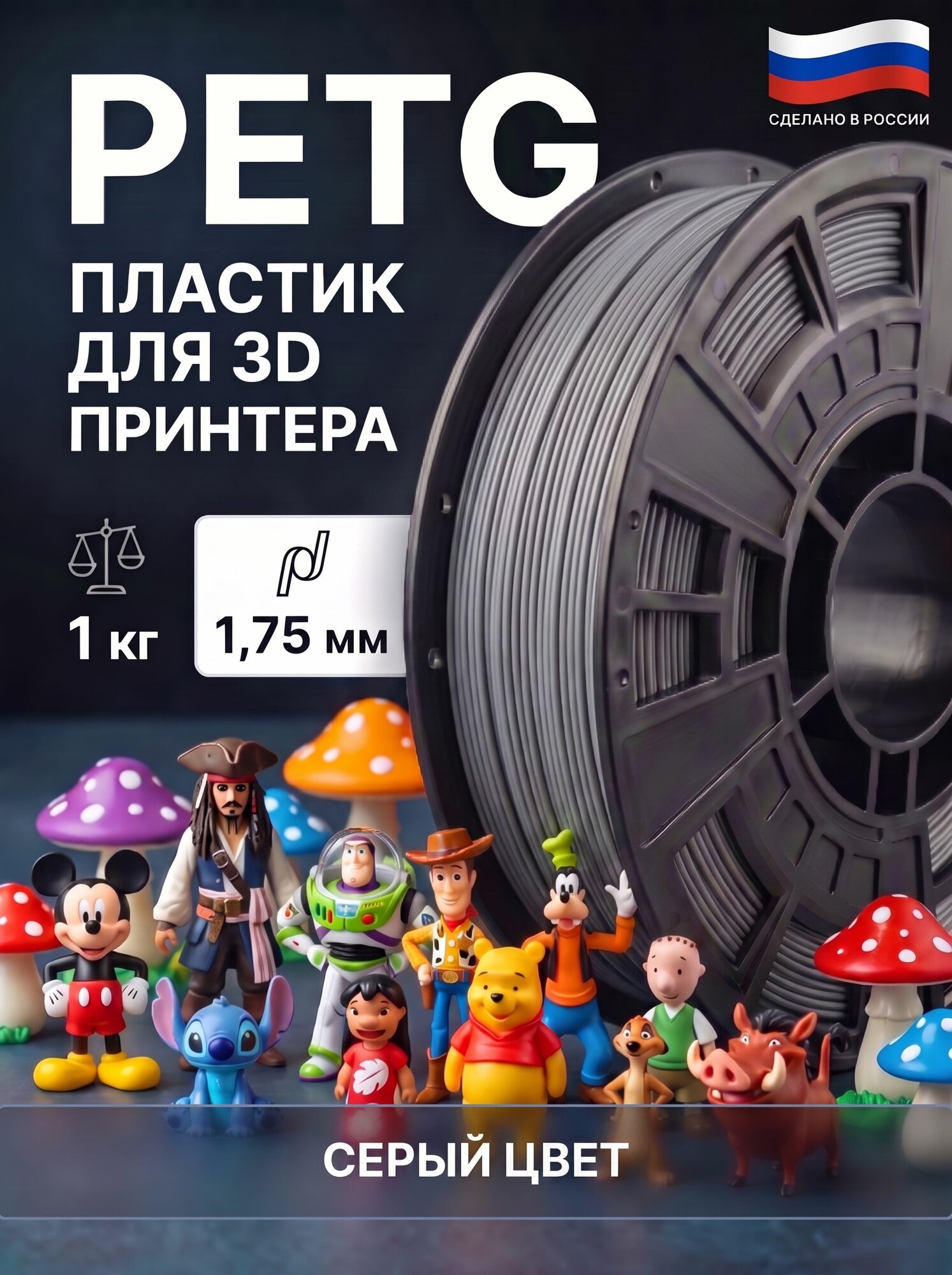 Пластик PETG для 3D принтера 1,75мм, 320м, серый