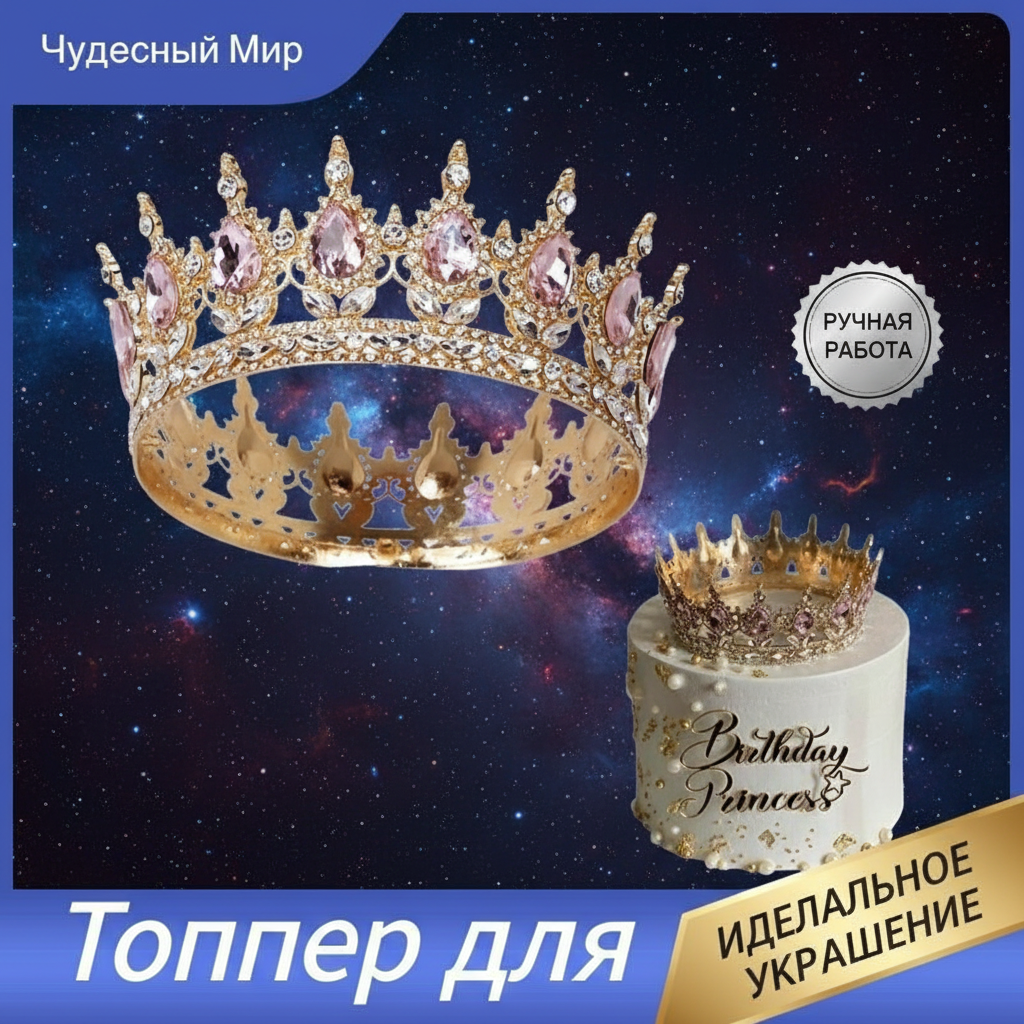Топпер праздничный золотая корона розовые камни биопластик 200 г