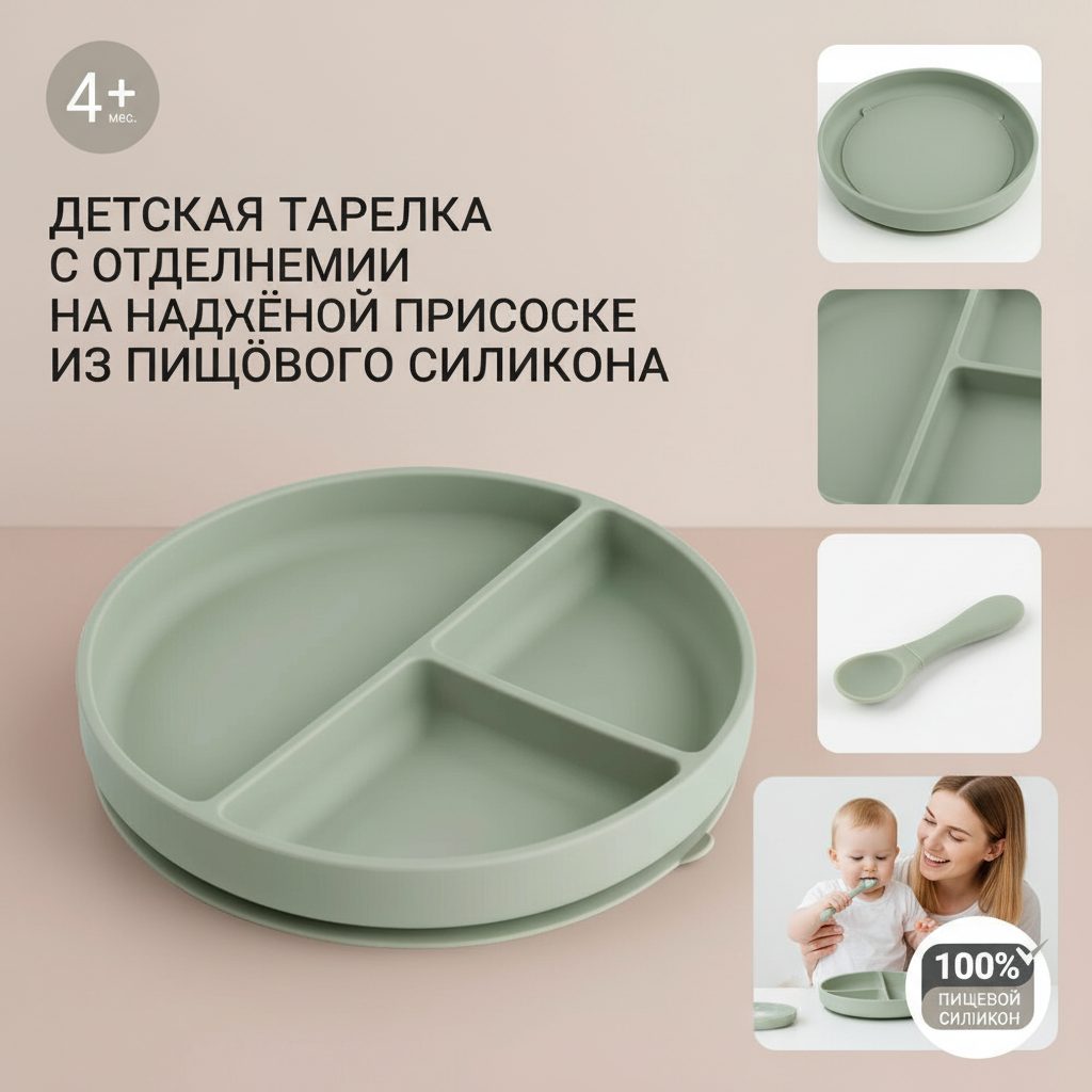 Тарелка детская на присоске секционная силикон безопасный шалфей