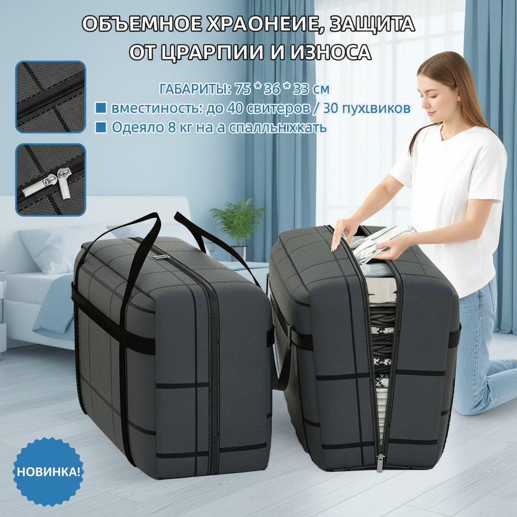 Компактная черная сумка чехол 75x36x33 см наплечный ремень для вещей в машину поход кемпинг экономия места многоразовая