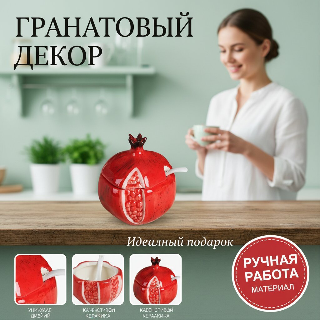 Сахарница керамическая в виде граната с ложкой, красная, диаметр 9 см, 1 шт