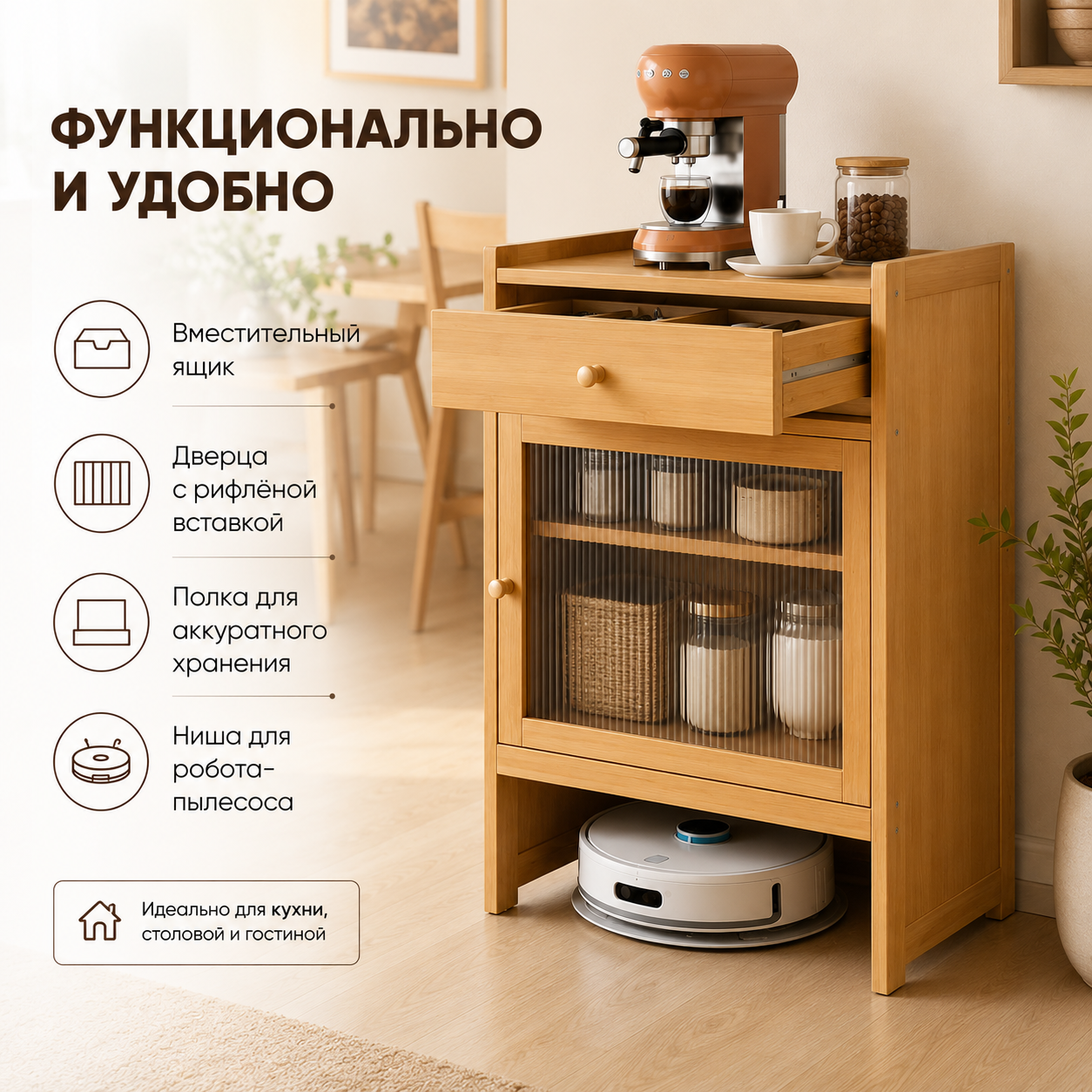 Бамбуковый кофейный буфет с нишей для робота-пылесоса, размеры 52×40×80,5 см, органайзер для кухни и кофейной зоны — фото 1