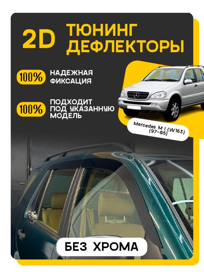 Дефлекторы окон плоские для MERCEDES M W163 (1997-2005) ветровики Мерседес М кузов 163, черные, комплект 4 шт.