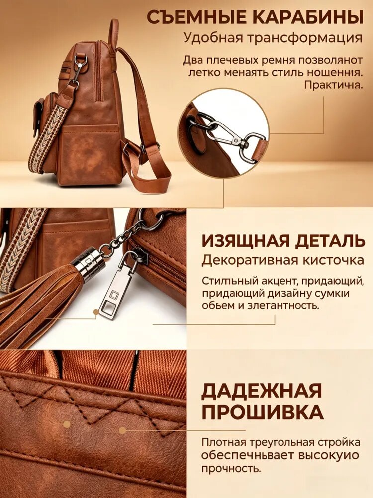 Рюкзак женский из искусственной кожи, водонепроницаемый, коричневый с леопардовым принтом — фото 1