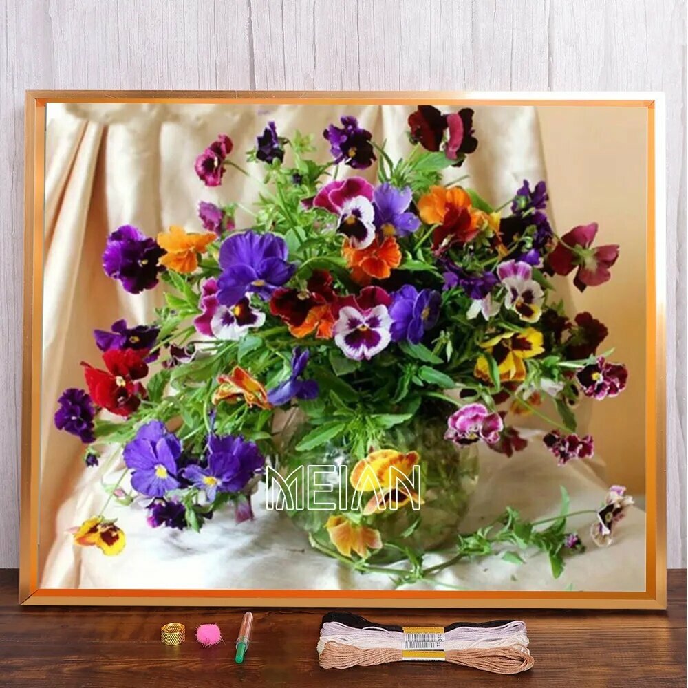 MEIAN Набор для вышивания,40x30CM, Чистый холст с сеткой,14CT, Панси