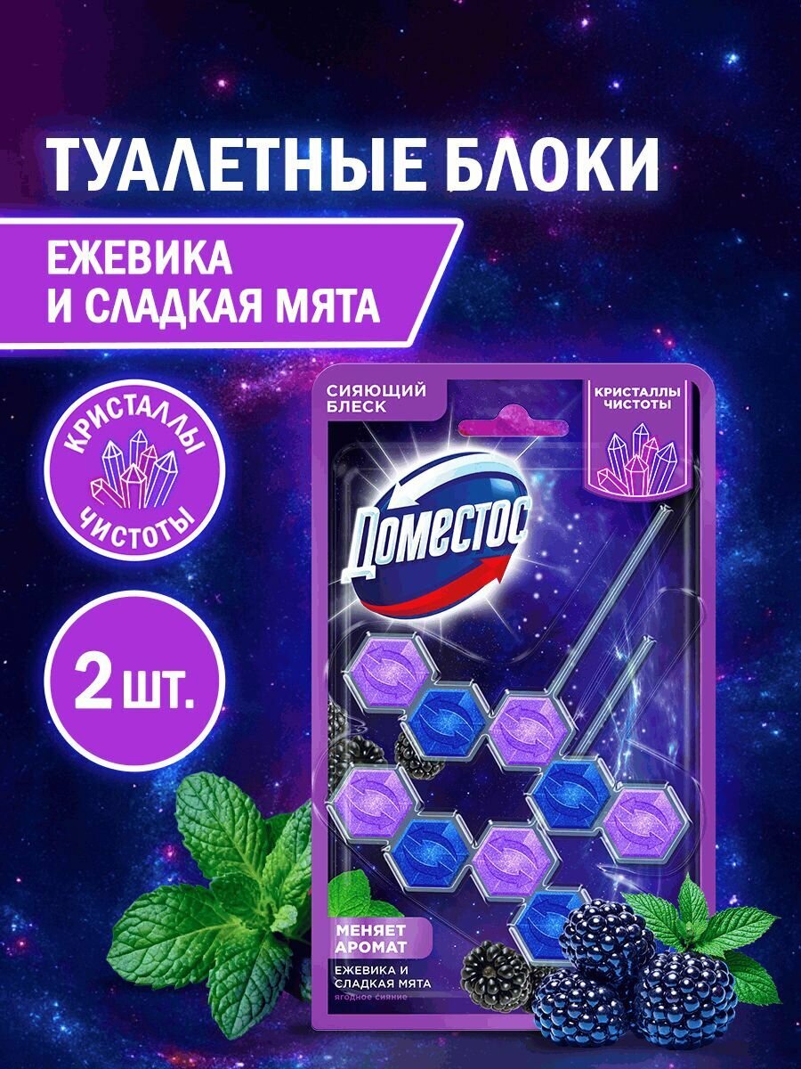 Доместос Сменный блок для унитаза туалетный подвесной, шарики для туалета, Ягодное сияние, набор 2 штуки