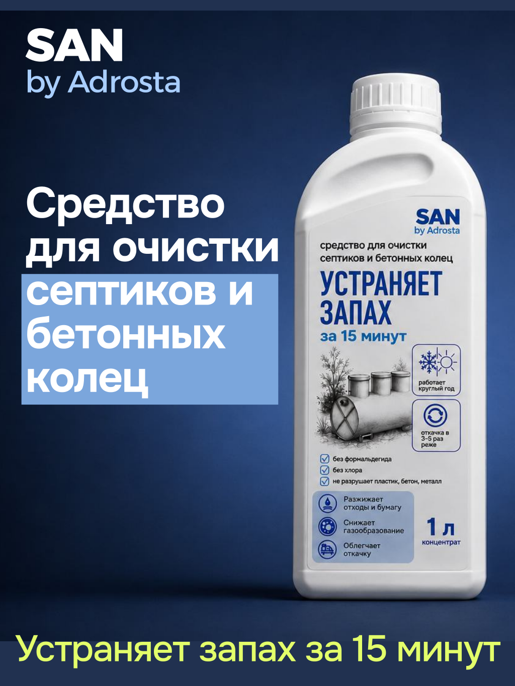Средство для очистки септиков и бетонных колец SAN by Adrosta, от запаха и иловых отложений, 1 л