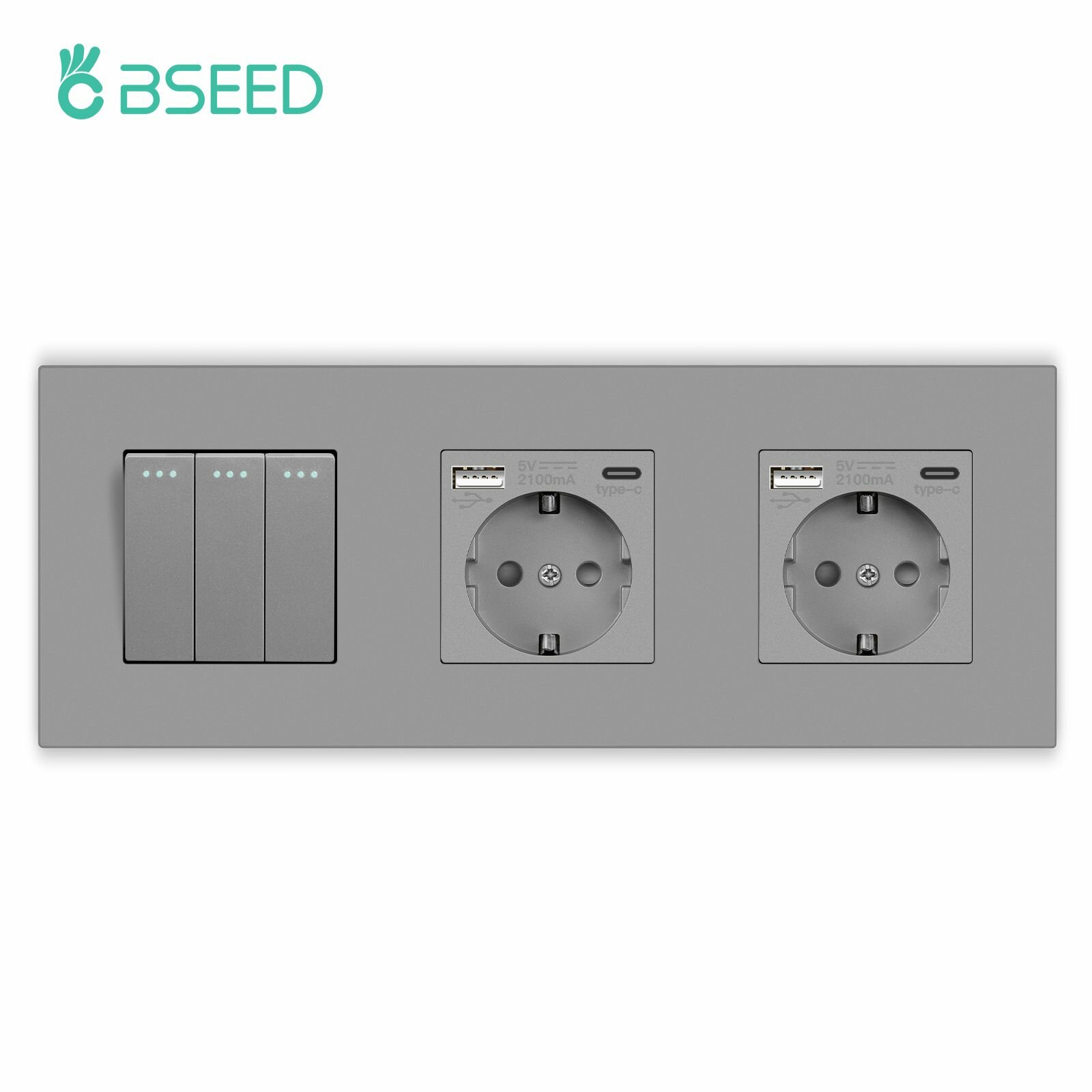 Выключатель с розеткой с TYPE-C и USB, Пластиковая рамка
