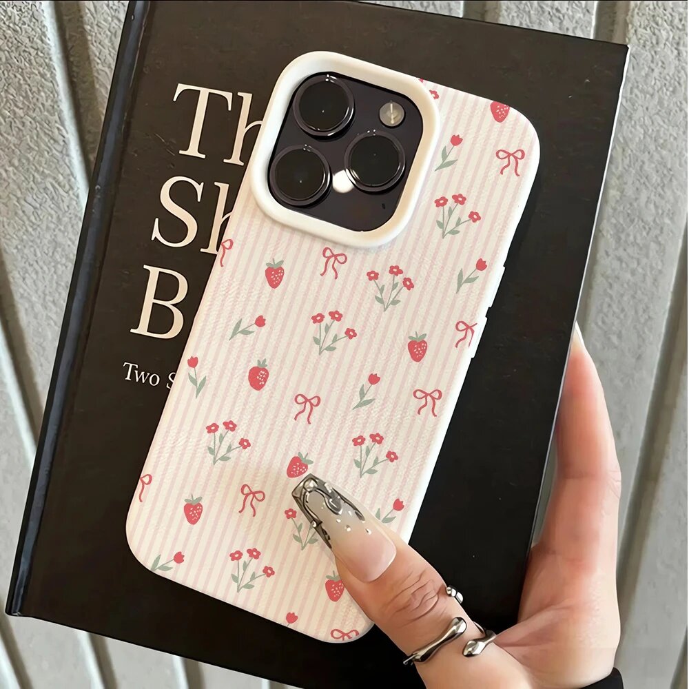 Розовый матовый чехол для iPhone 17 16 15 14 13 12 11 Pro Max с полосками, клубничным принтом, бантом и цветочным узором