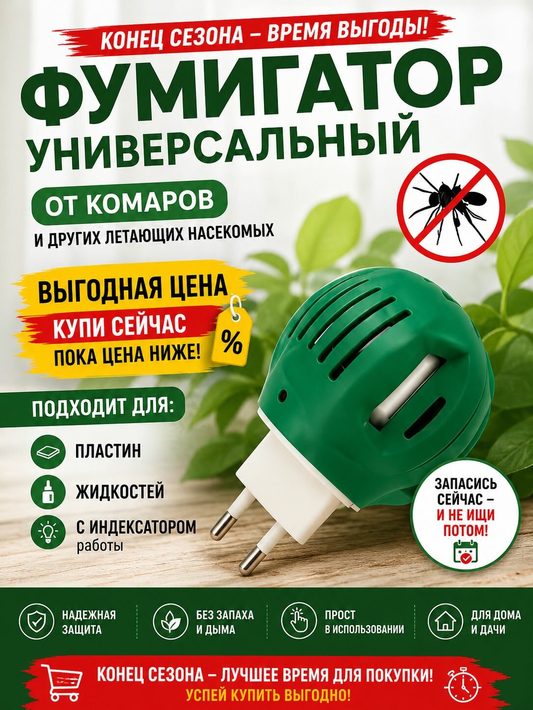 Фумигатор от комаров и мух универсальный с индикатором для пластин и жидкости