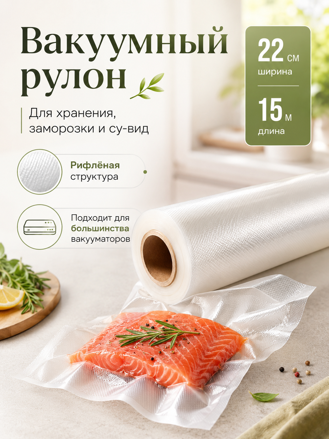 Пакеты для вакууматора, рифленые 22х1500см
