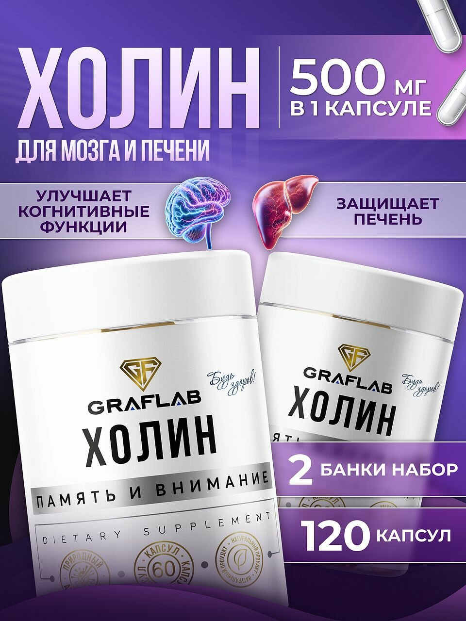 Холин 500мг, Витамин В4, для памяти и внимания, 2 банки, 120 капсул, GrafLab для памяти для внимания