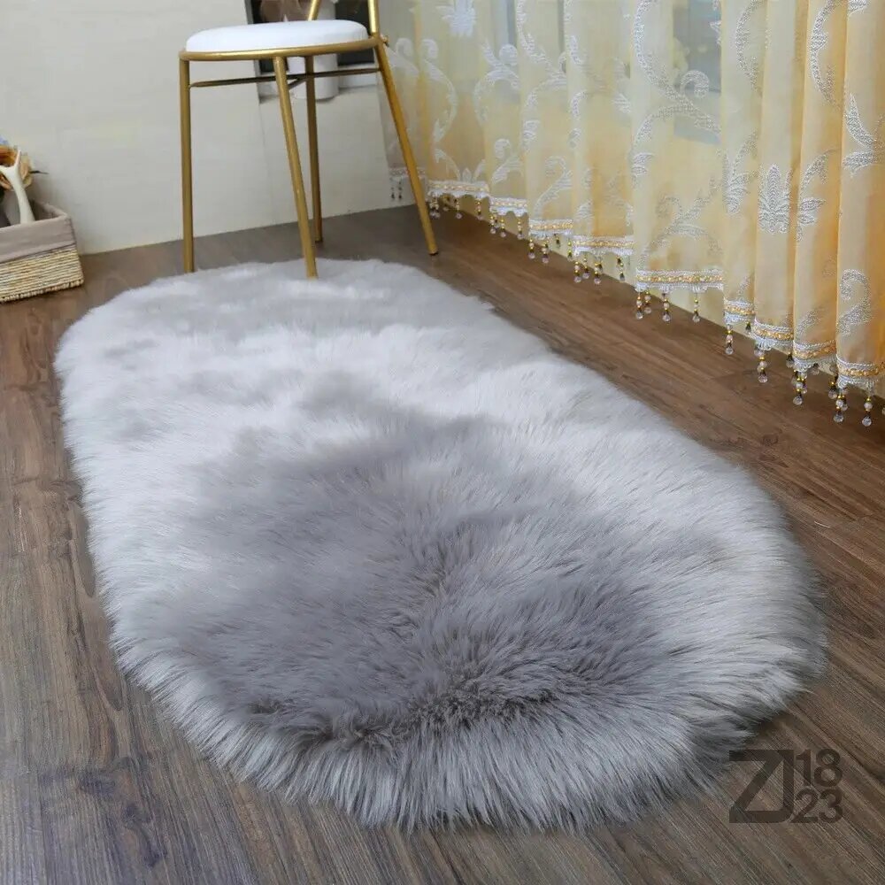 Искусственный мех ковер овальный белый, Light Gray, 40x60cm 15.7x23.6in