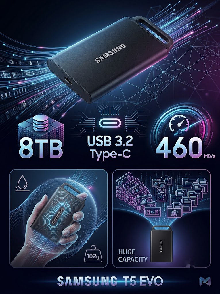 Внешний SSD-накопитель 8Tb Samsung T5 EVO MU-PH8T0S/WW (SSD) USB 3.2 Type C Черный (OEM)