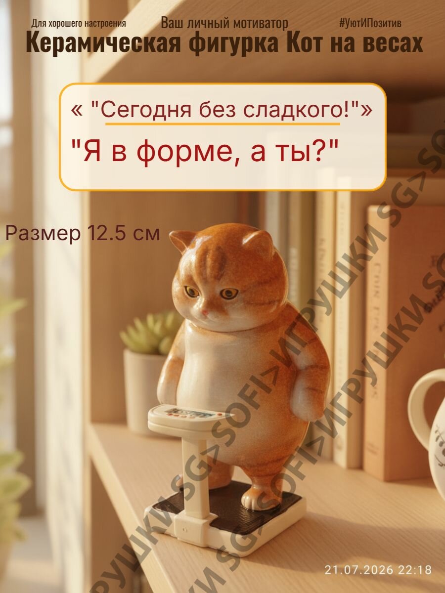Декоративная фигурка-*Пухлый кот, задумчиво стоящий на весах(худеем с улыбкой)*.13см.