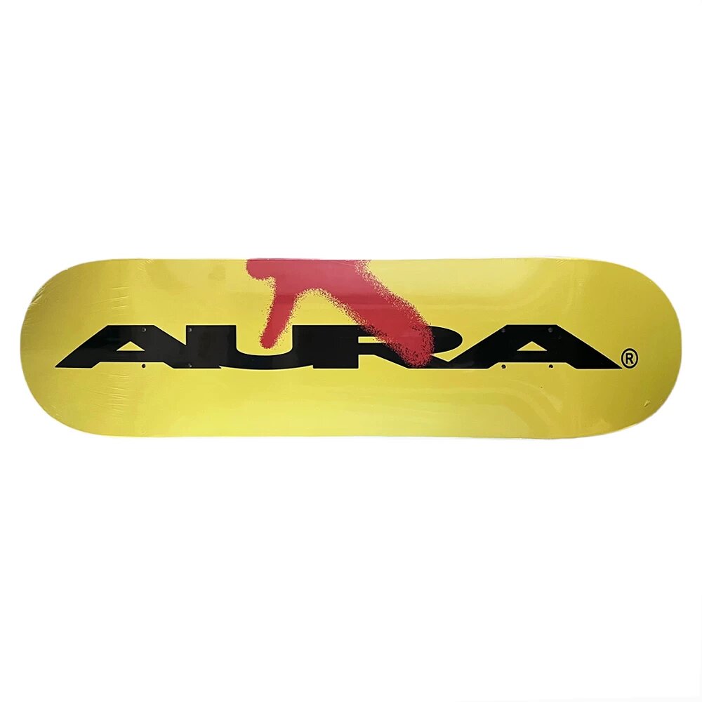 AURA ERASED GLOW Series Черные буквы крупный логотип желтый фон скейтборд доска, 8.125 дюйма