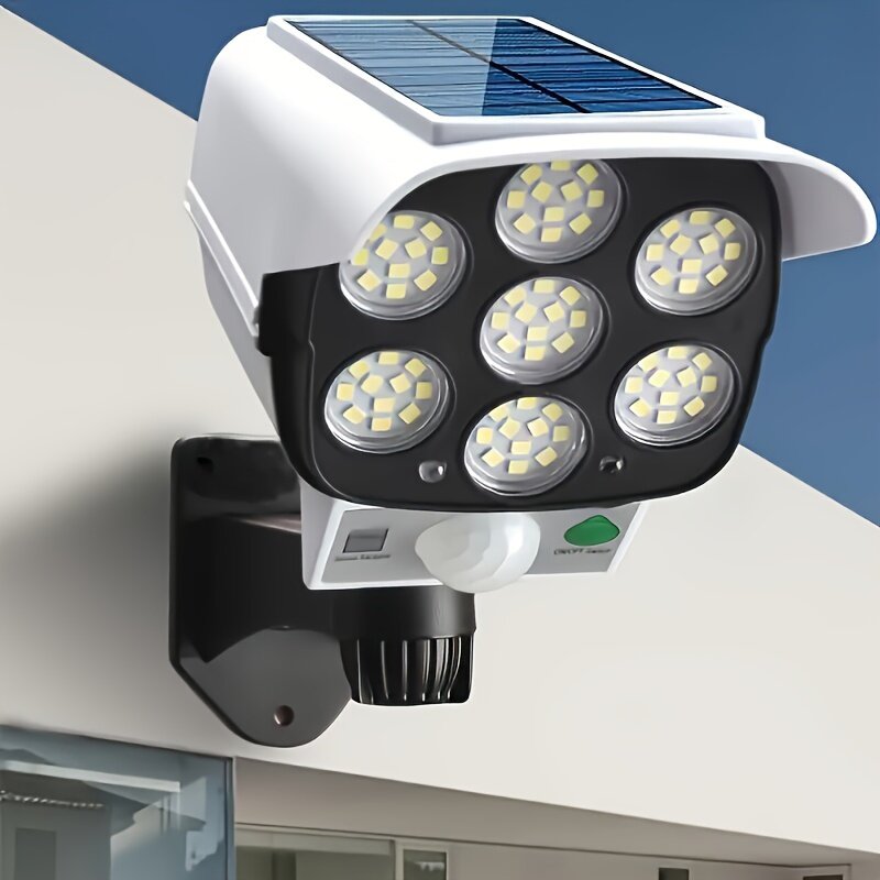 Солнечный светодиодный прожектор с датчиком движения 77 LED, беспроводной, с пультом дистанционного управления, имитация камеры видеонаблюдения, белый антивандальный