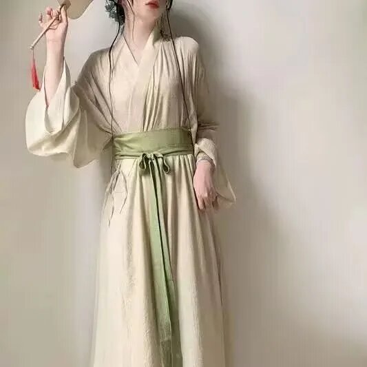 Женское ханьфу платье зелёно-синее 4XL хлопок лен cosyly M, Beige robe