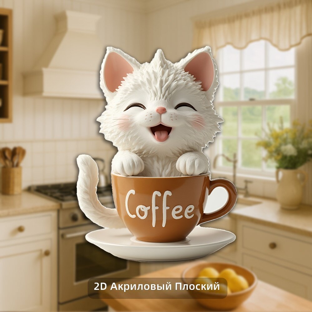 Магнит на холодильник котенок в чашке кофе с высунутым языком, акриловый плоский 2D, 1 шт.