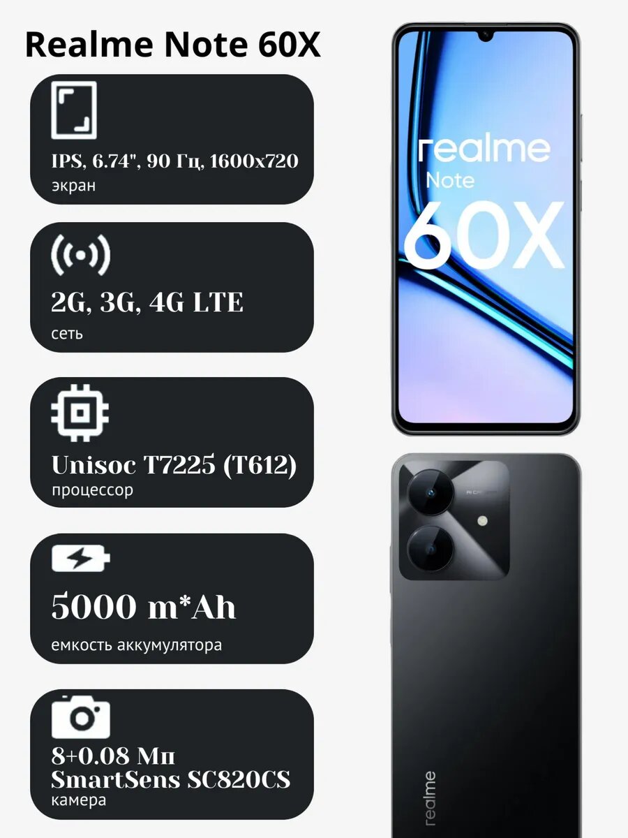 Смартфон realme Note 60x 4 ГБ/128 ГБ Черный Ростест, экран 6.74" IPS