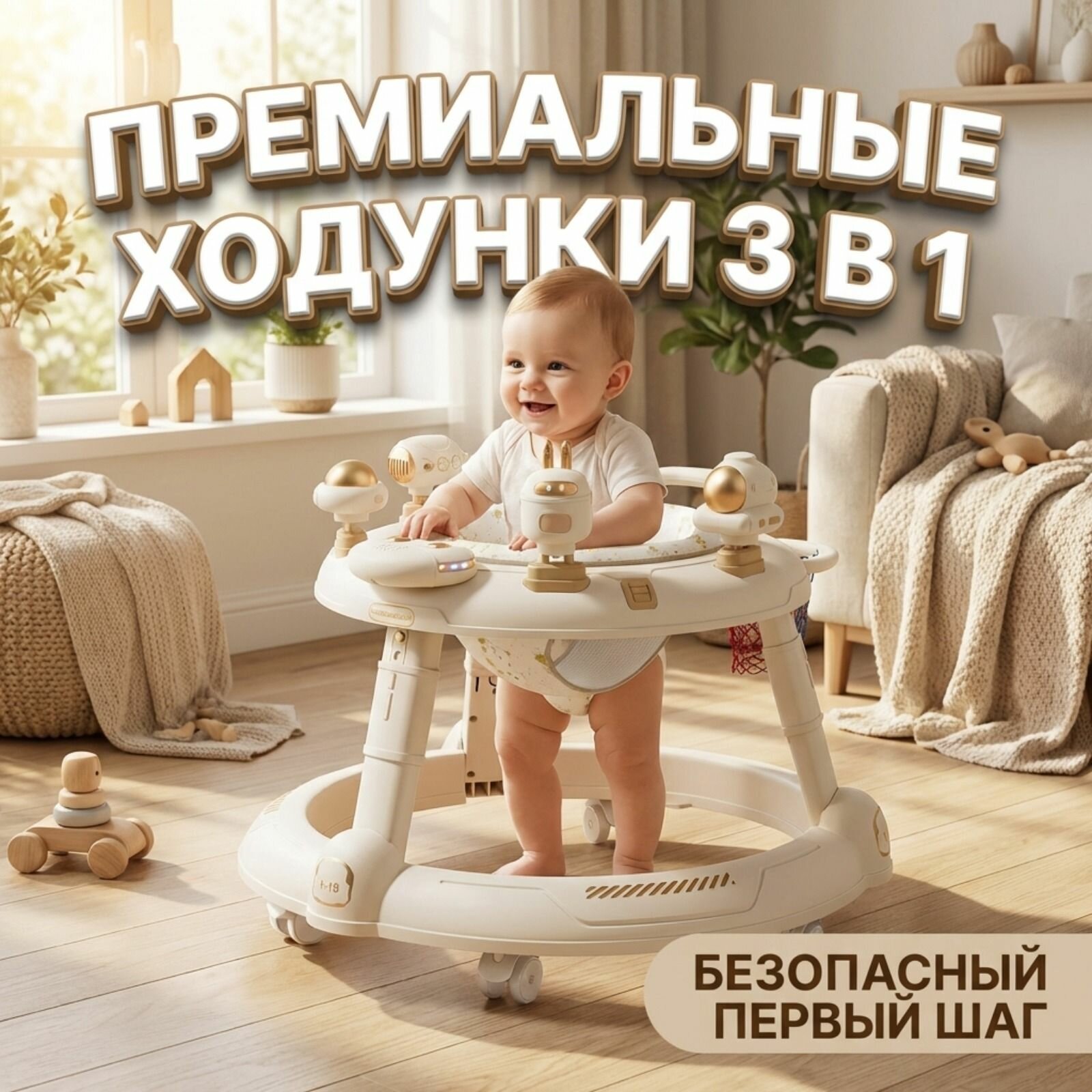 Детские многофункциональные складные ходунки-каталка 3 в 1 с защитой от опрокидывания, силиконовыми бесшумными колесами и музыкальной панелью, регулируемая высота для малышей 6-24 месяцев