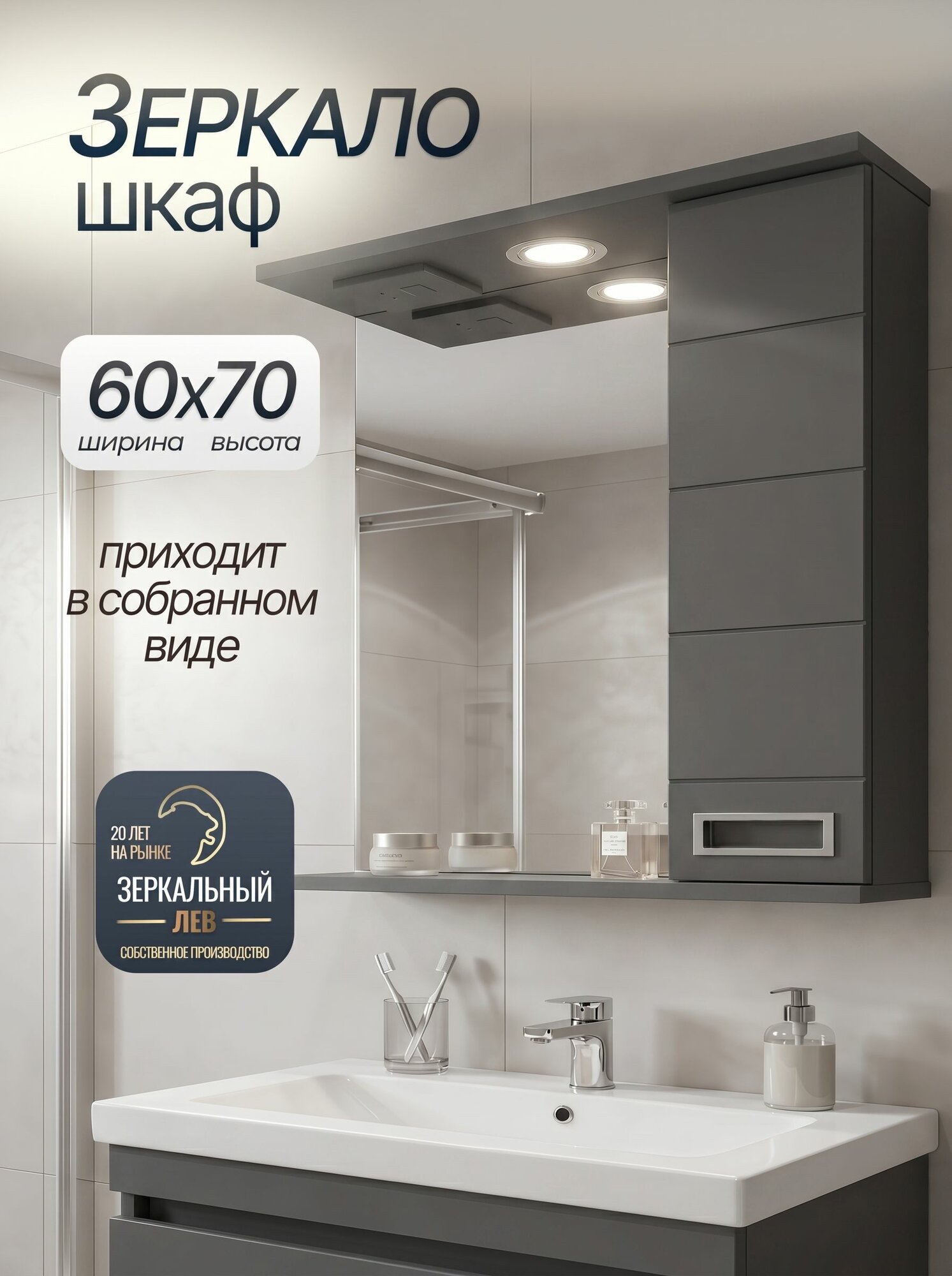 Зеркало-шкаф с подсветкой Зеркальный Лев Альфа графит 75x60x15 см навесной для ванной