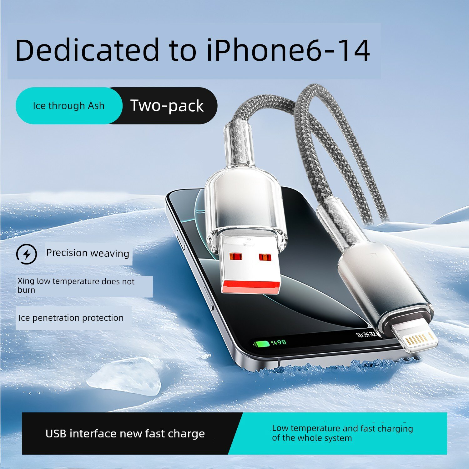 Кабель USB-C быстрой зарядки ледяной прозрачный серый, 1м, 2 шт. высокое качество для Apple