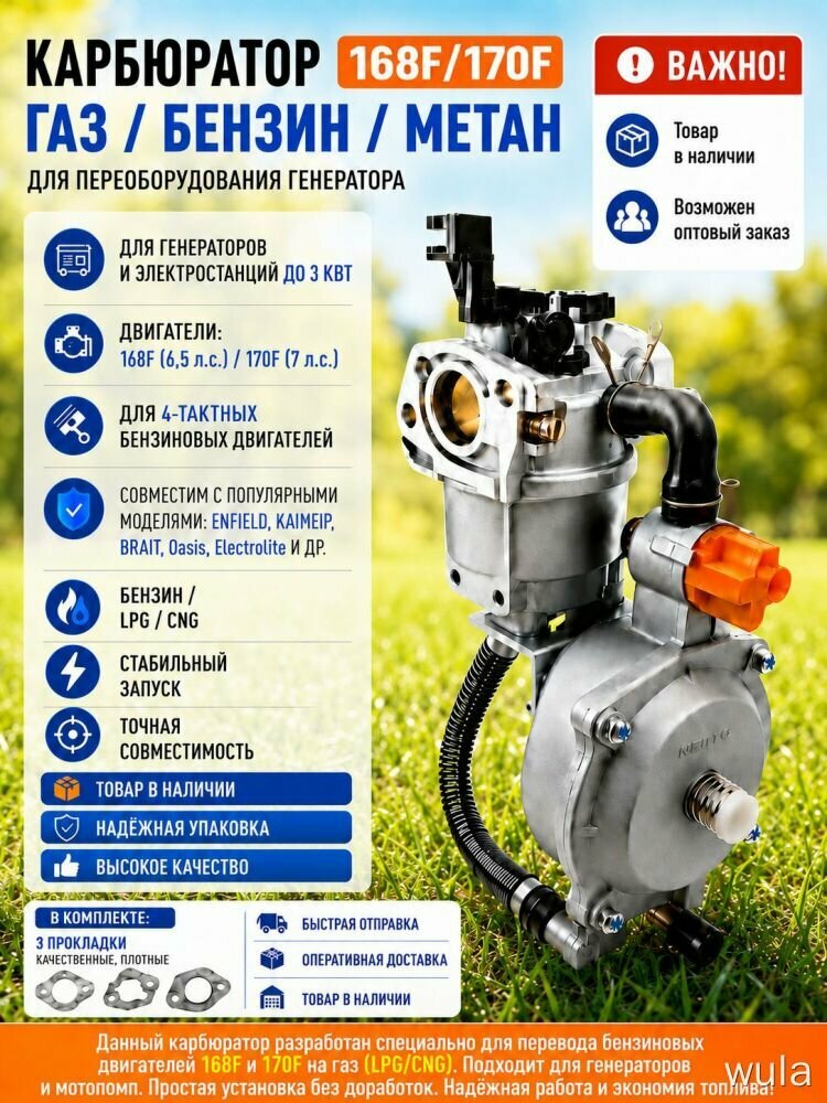 Карбюратор газ-бензин для генератора, электростанций. 3 кВт ( двигатель 6.5-7 лс 168F/170F)