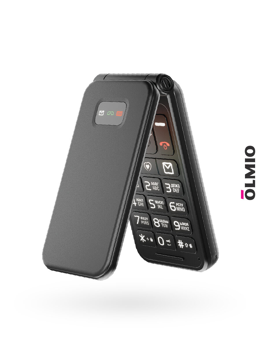 Olmio F19 — кнопочный телефон-раскладушка с крупными кнопками, SOS-кнопкой, фонариком, FM-радио и аккумулятором 800 mAh.