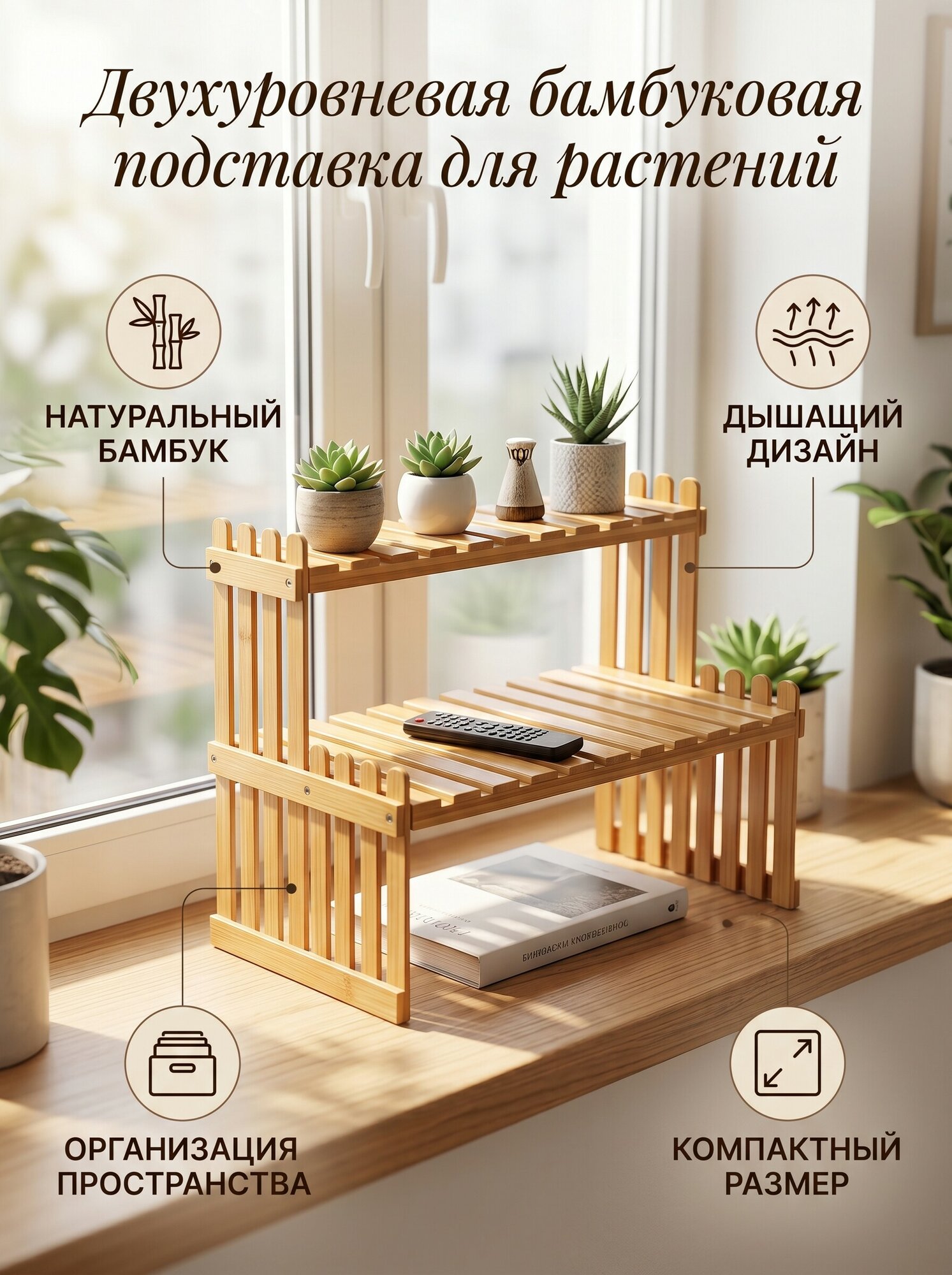 Бамбуковая полка для растений подставка для цветочного горшка многофункциональный органайзер